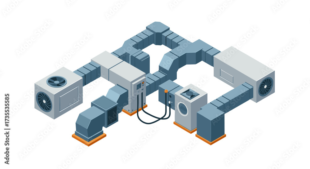 Isometric industrial ventilation system with complex ductwork and fans ...