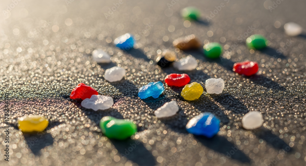 Colorful microplastic particles scattered on a sandy beach ...