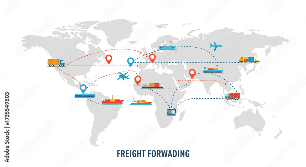 World map showcasing global freight forwarding with trucks ships and ...