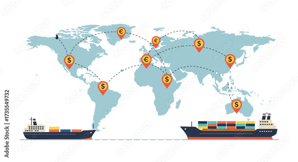 World map with connected currency markers cargo ships indicate global ...