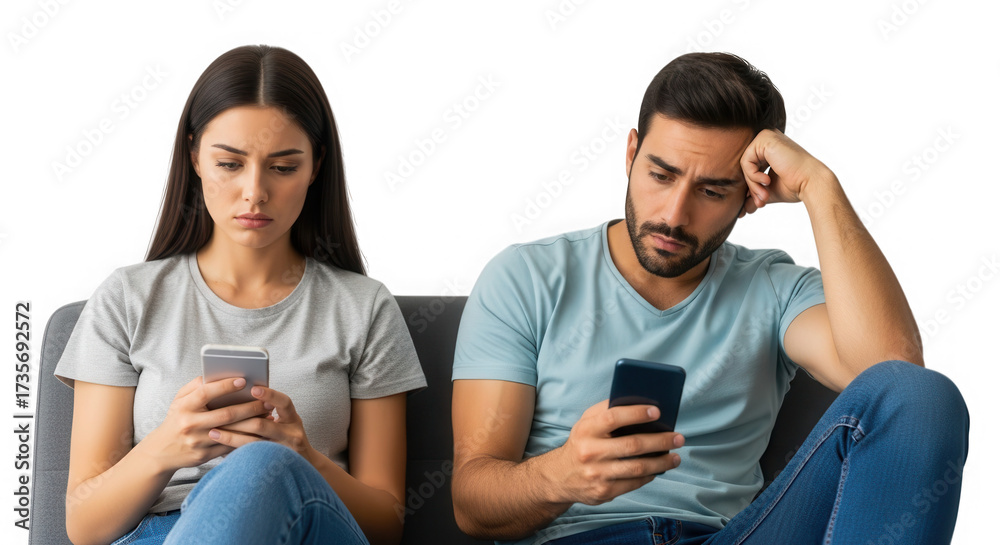 Couple using smartphone ignoring each other isolated on transparent ...