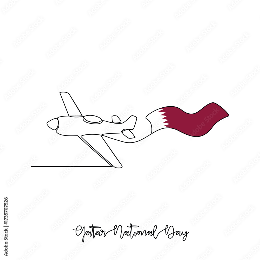 One continuous line drawing of Qatar National Day with airplane and ...