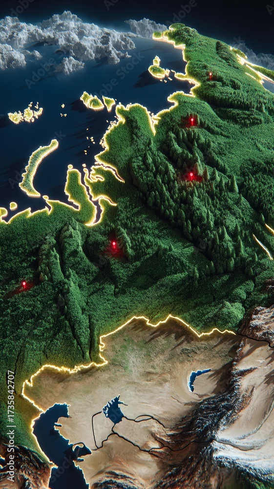 3D Map of Russia Showcasing Forest and Tundra Textures with Highlighted ...