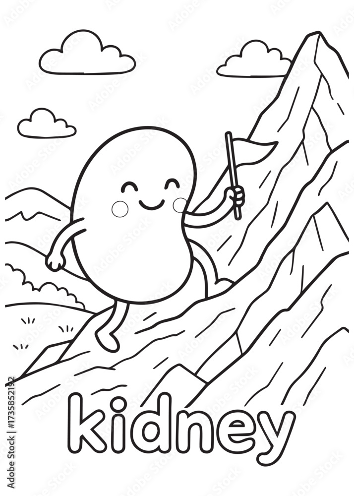 coloring book kidney climbing mountain with stick, anatomy cartoon for ...