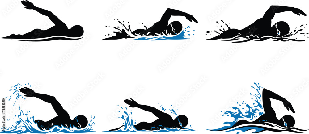Freestyle swimming sequence, swimmer silhouette, water splash, arm ...