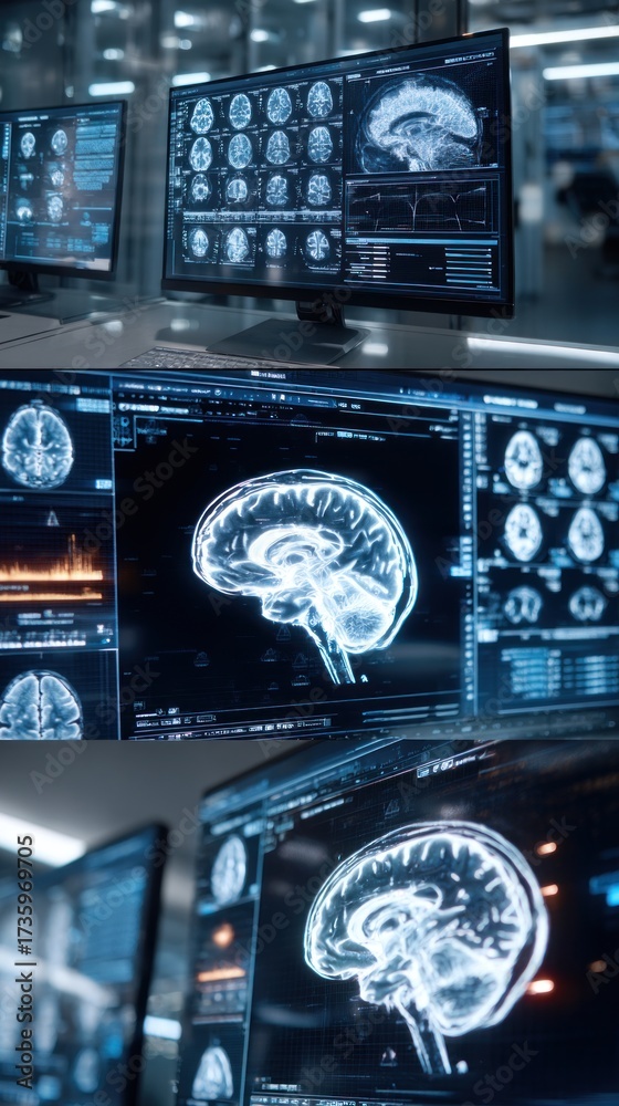 Magnetic Resonance Imaging brain scans displayed on multiple computer ...