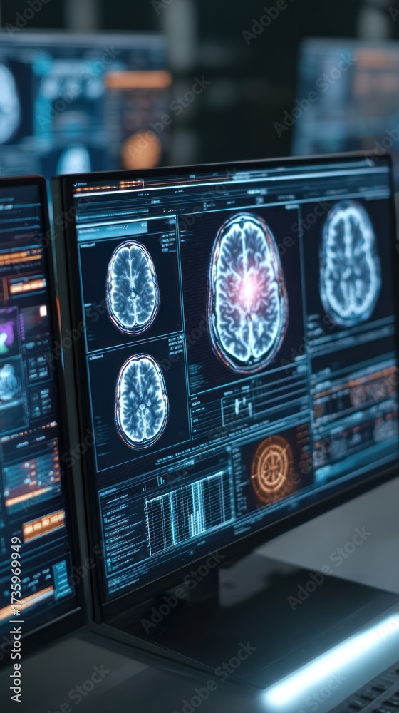 Magnetic Resonance Imaging brain scans displayed on multiple computer ...