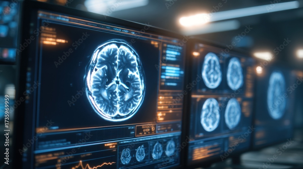 Magnetic Resonance Imaging brain scans displayed on multiple computer ...