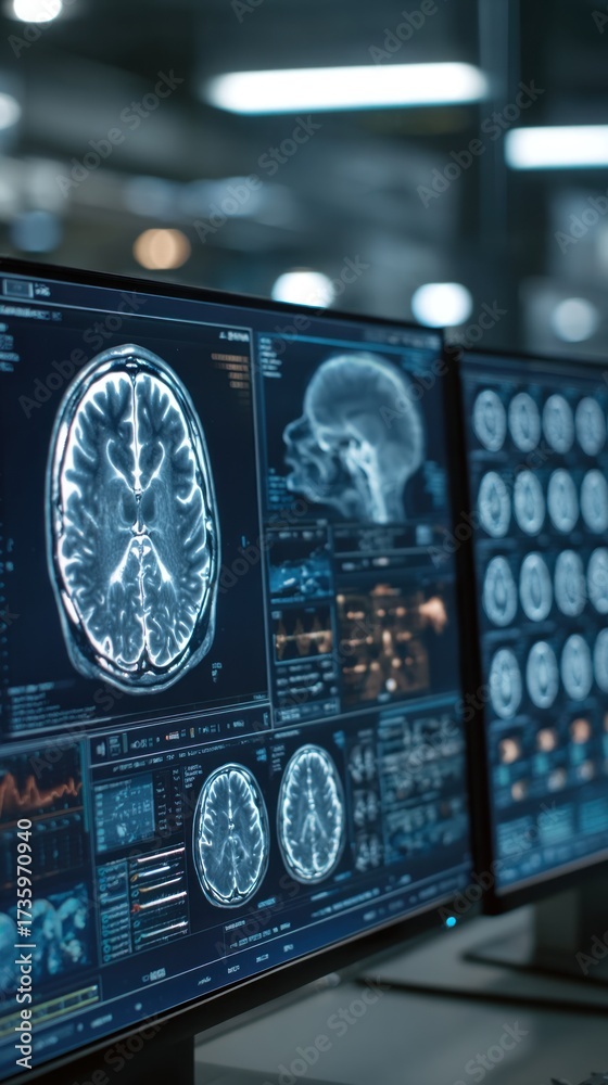 Magnetic Resonance Imaging brain scans displayed on multiple computer windows, detailed patient ...