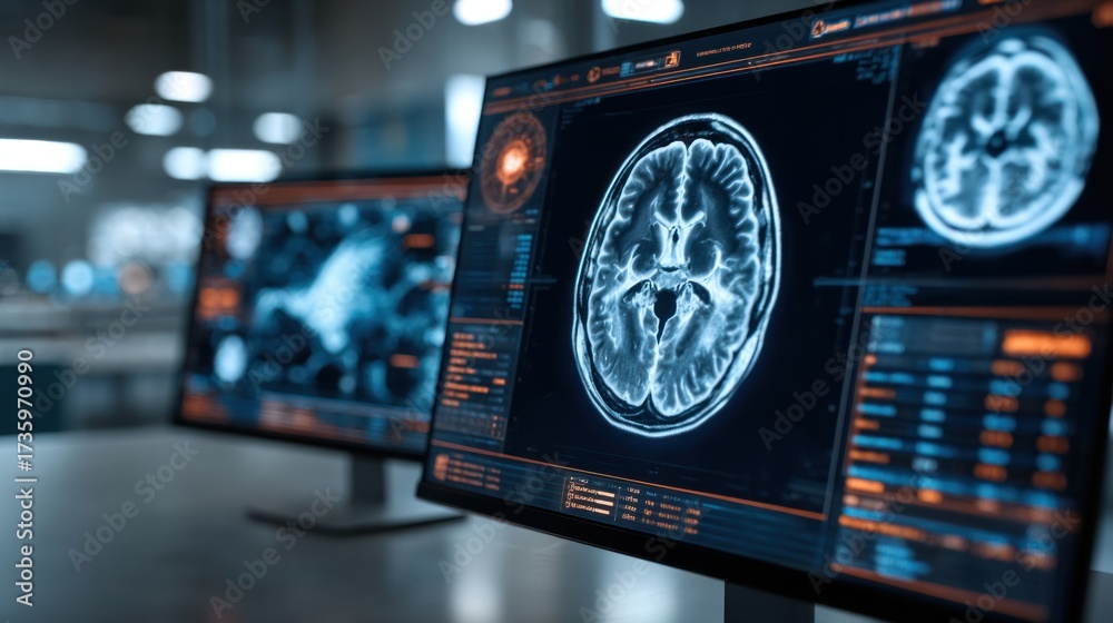 Magnetic Resonance Imaging brain scans displayed on multiple computer ...