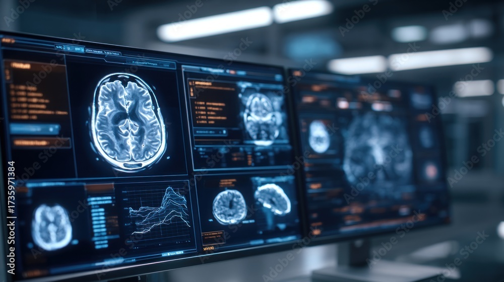 Magnetic Resonance Imaging brain scans displayed on multiple computer ...