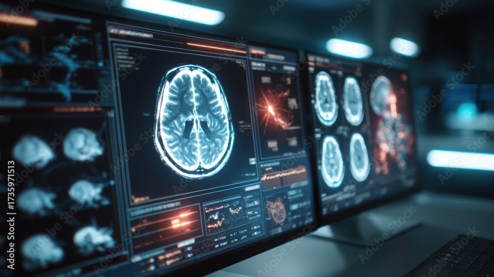 Magnetic Resonance Imaging brain scans displayed on multiple computer ...