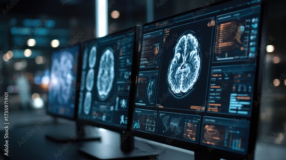 Magnetic Resonance Imaging brain scans displayed on multiple computer ...