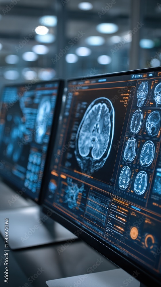 Magnetic Resonance Imaging brain scans displayed on multiple computer ...