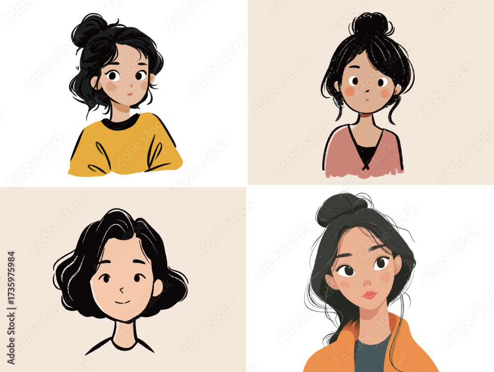 Four unique illustrations showcase young women with different ...