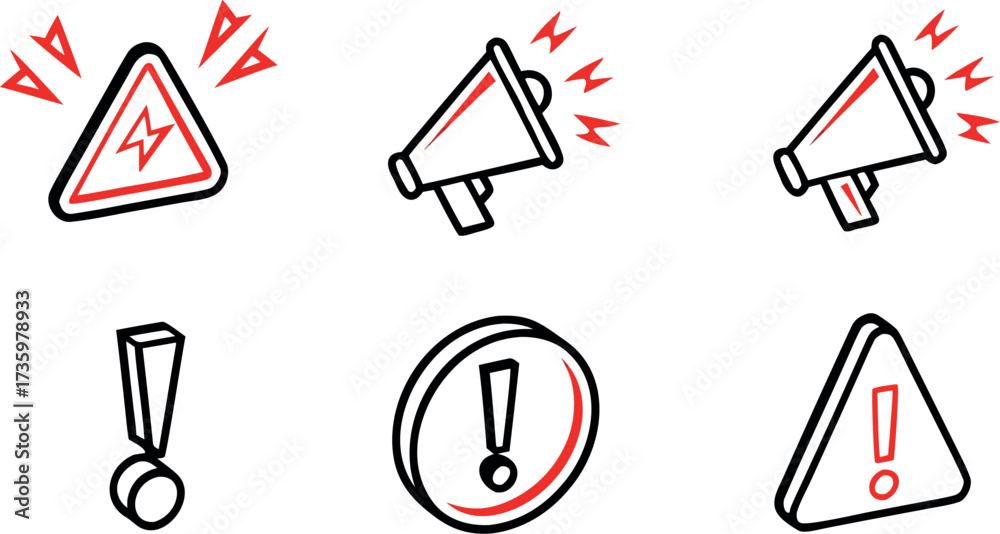 Urgent safety alerts depicted with bold warning symbols and megaphone ...