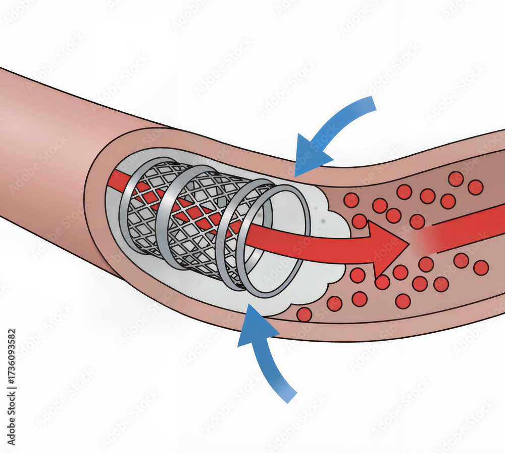 Scientific illustration of a stent placed in a clogged blood vessel to ...