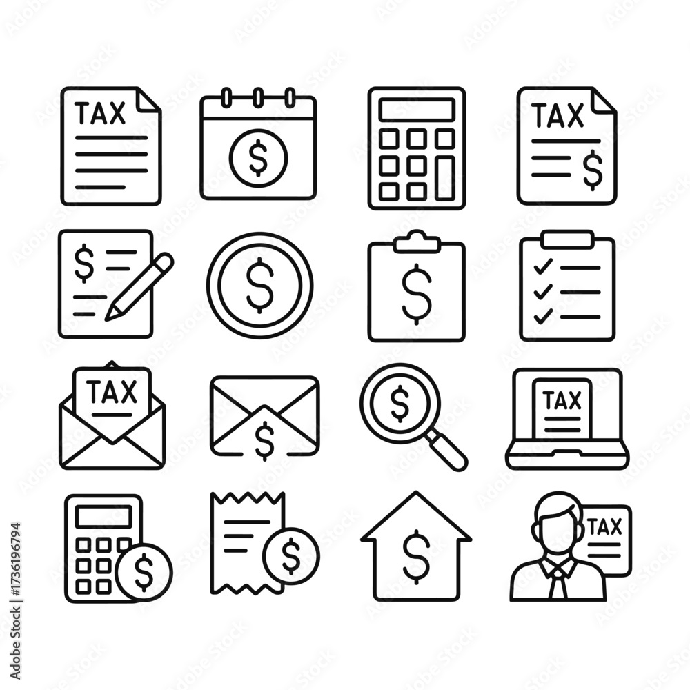 Tax filing preparation icons. Outline symbols. Line design Stock Vector ...