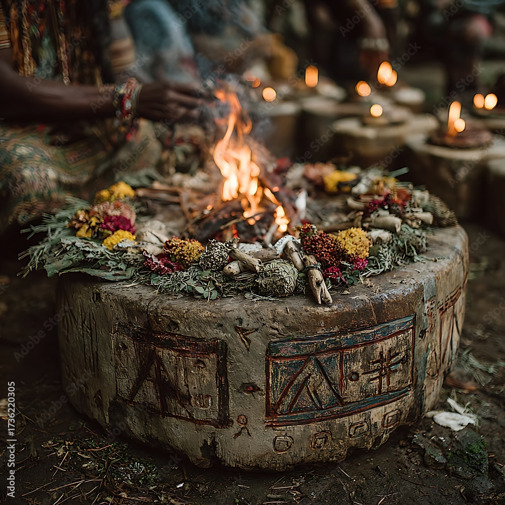 Ritual fire ceremony with herbs and flowers spiritual healing ancient ...