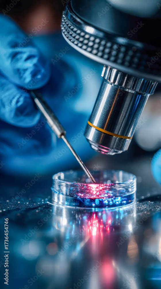 Forensic investigator using microscope and tools to analyze biological ...