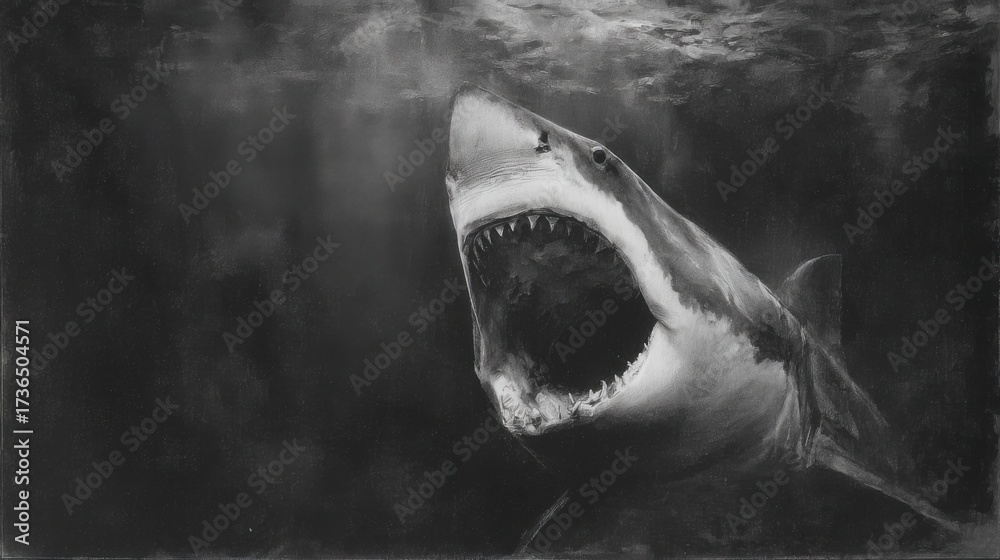 In the deep blue ocean a great white shark showcases its impressive ...