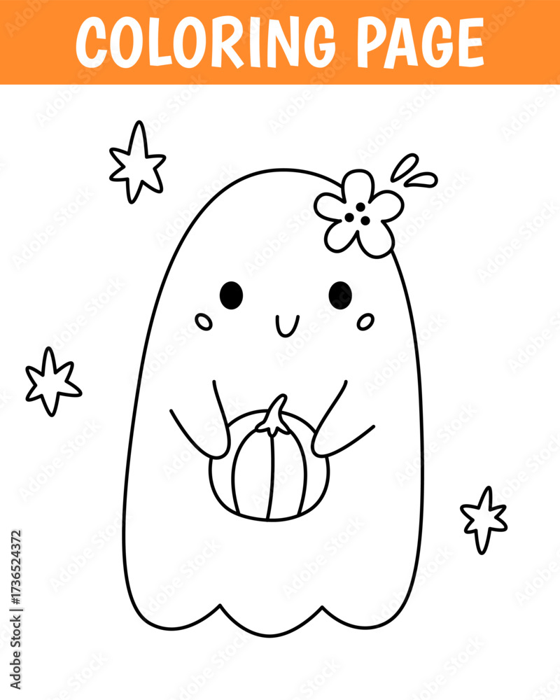 Halloween coloring page, cute print with line ghost with pumpkin ...