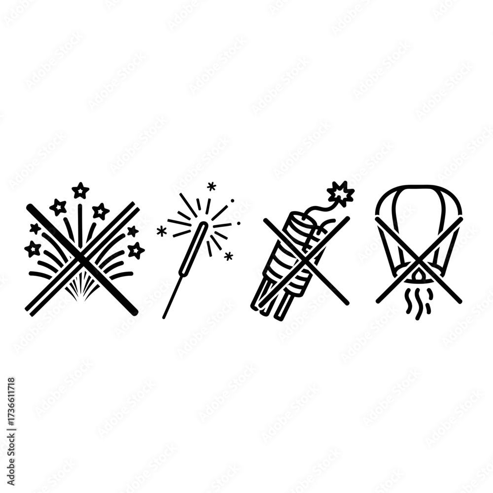 Prohibition signs for fireworks, sparklers, dynamite, and hot air ...