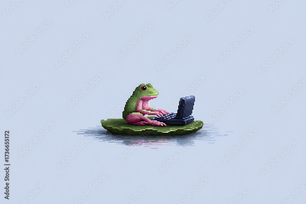 Ilustrace pixel art frog typing, detailed pixel art of a cute frog on a ...
