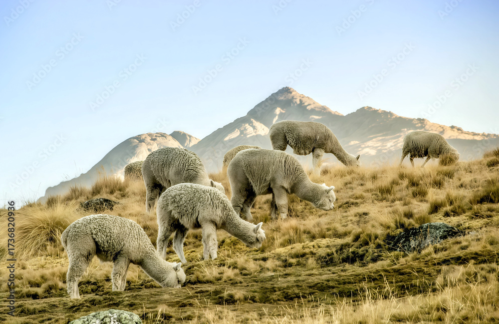 Stock-Foto „Grupo de alpacas pastando en las alturas de Puno, Perú, con ...