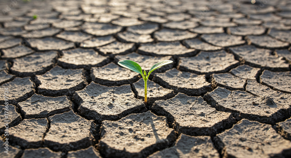 New life growth sprout in cracked dry earth soil drought environment ...