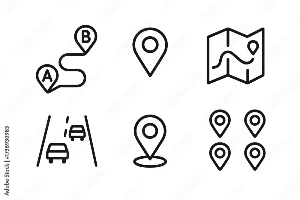 Navigation line icon set. Vector collection of route, map, GPS pin ...