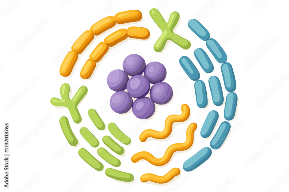 Probiotic bacteria types 3D render set. Good gut flora and microbiota ...