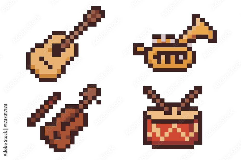 Praca wektorowa bez tantiem: Pixel art music instrument icon set. 8-bit ...