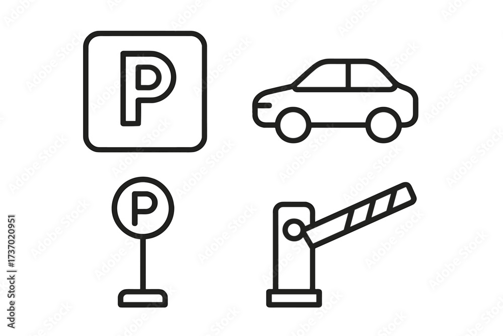 Editable Line Outline Parking and Car Icon Set, Workplace Parking ...
