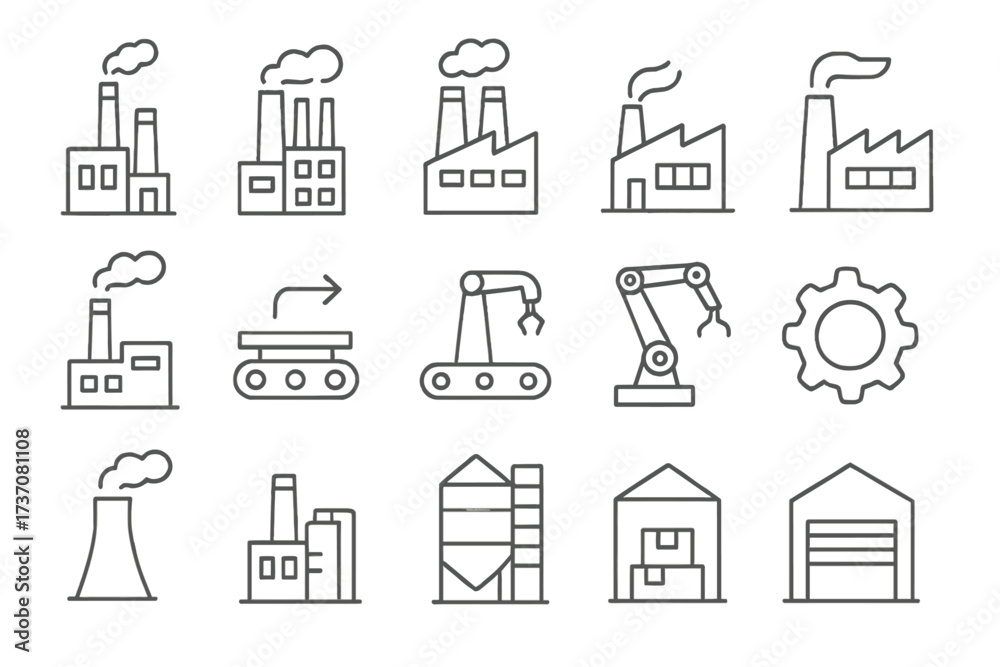Factory and industry outline icon set. Vector symbols for manufacturing ...