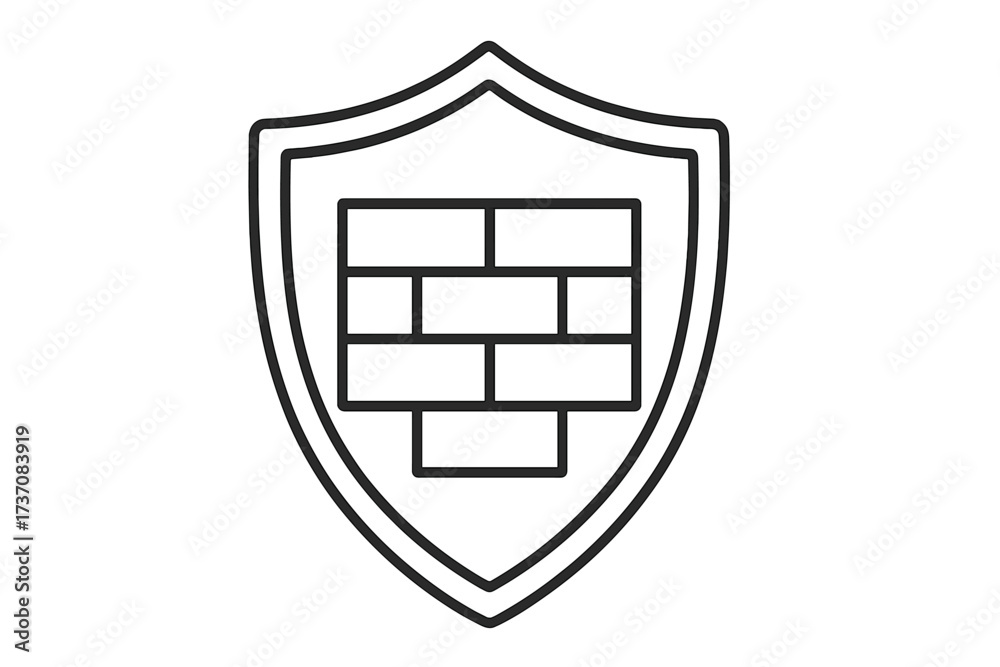 Firewall security icon with shield and brick wall. Vector line ...
