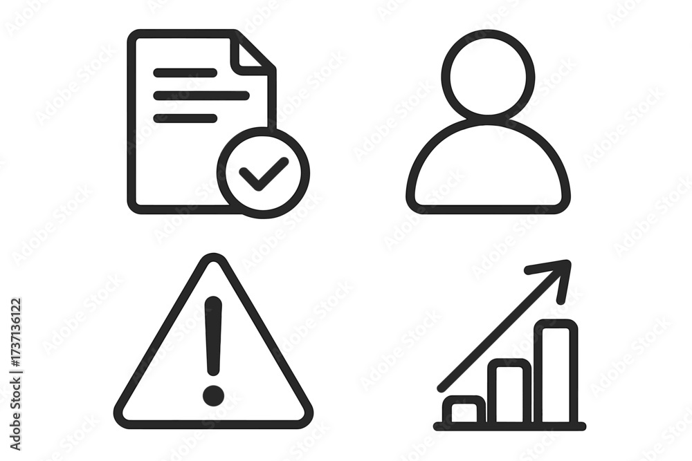 Business icons set. User profile, approved document, warning alert sign ...