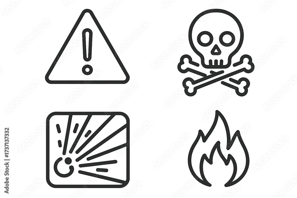 Hazard and danger line icon set. Warning, risk, and safety symbols ...