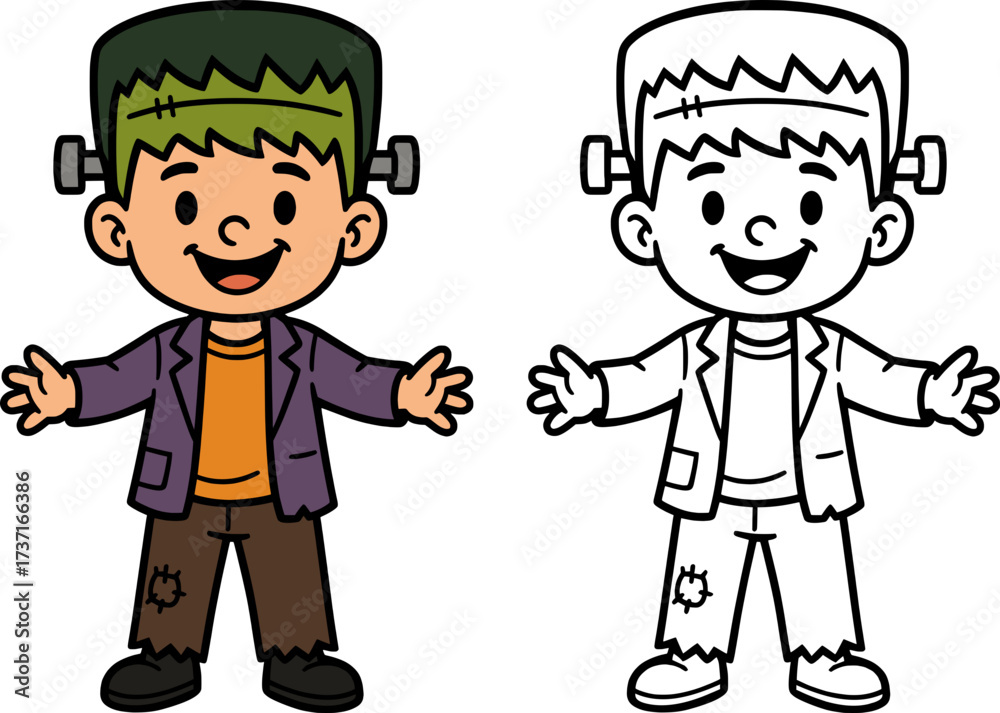 cartoon child dressed in frankenstein halloween costume, colored and ...