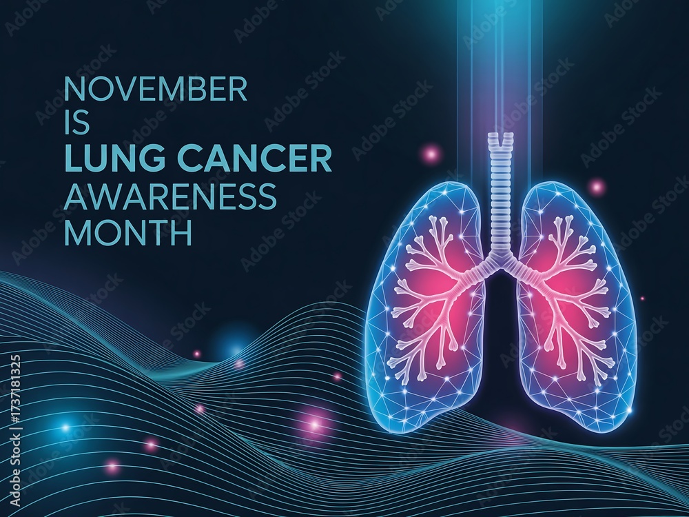 November is lung cancer awareness month with a glowing digital ...