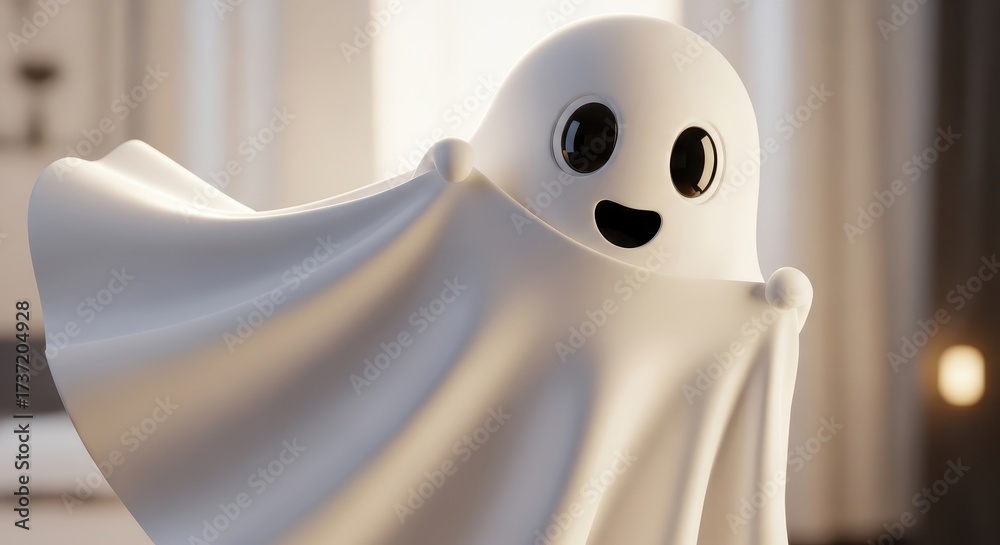 Cute 3D ghost character peeking from behind a flowing white sheet with ...