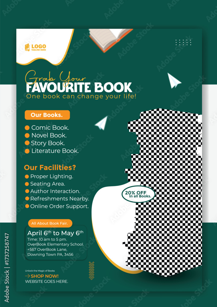 Flyer template for favorite book event with books and facilities for ...
