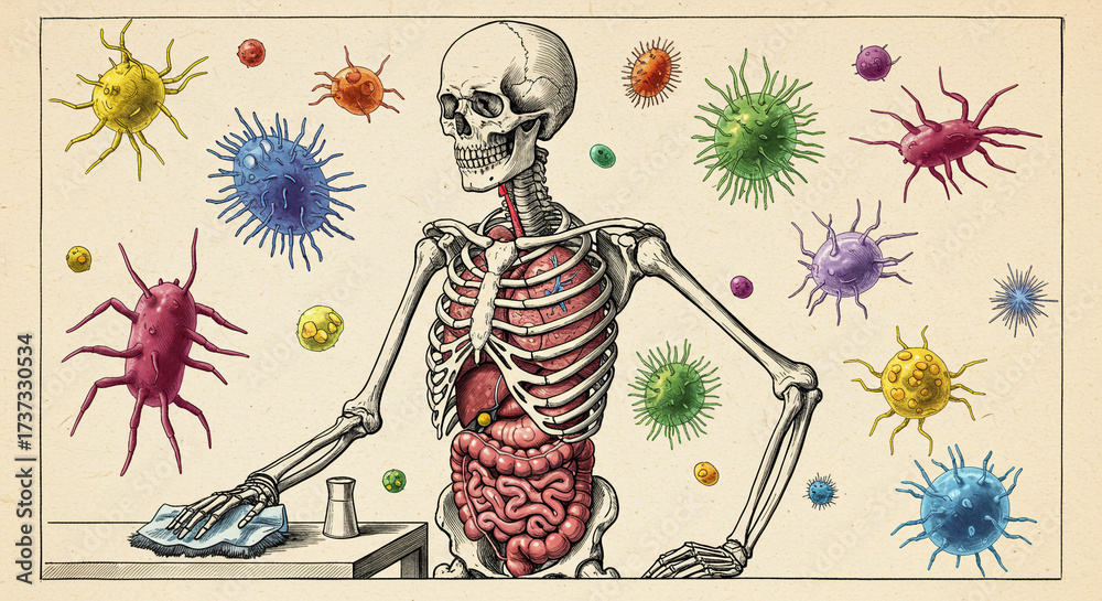 Human skeleton with internal organs surrounded by various ...