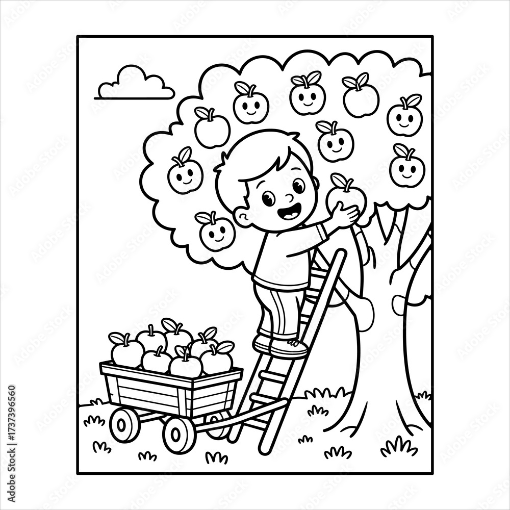 Stockvektorbilden Boy Picking Apples Coloring Page Vector Illustration ...