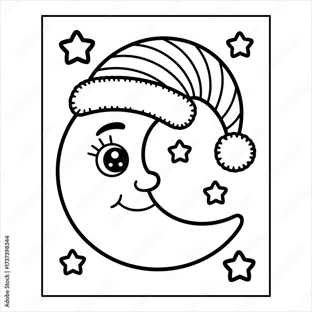 Cute Moon Coloring Page for Kids Night Sky Stars Vector Illustration ...