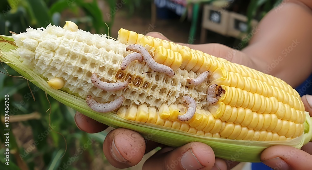 Corn earworm infestation on a corn cob, showing damage and larvae ...