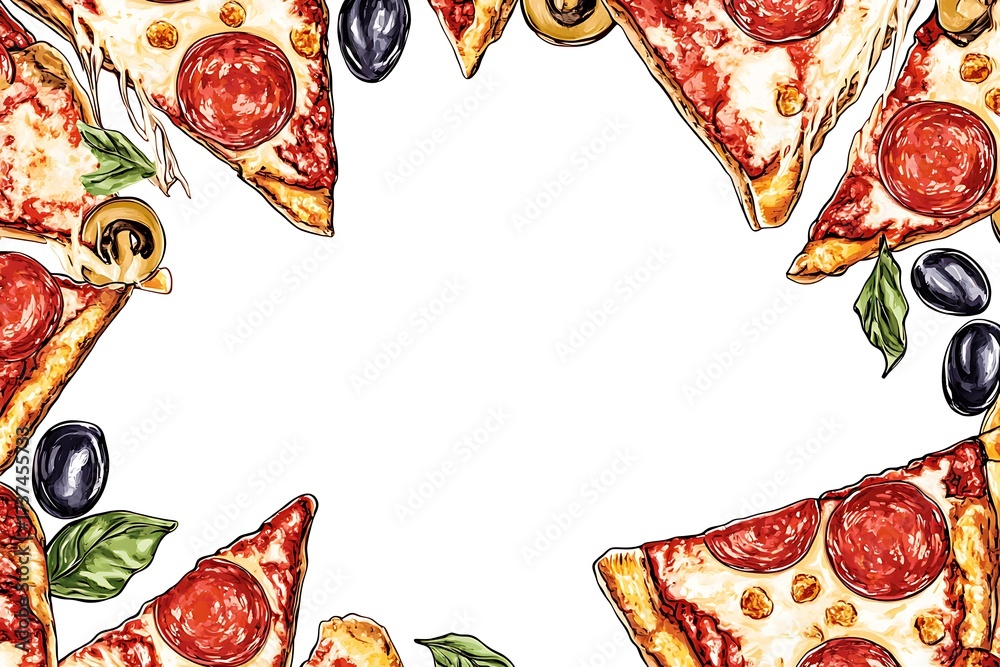 Editable vector clip art of pizza slices with pepperoni, olives, and ...