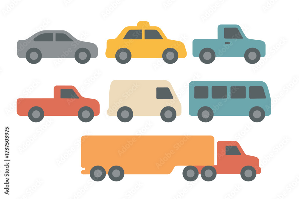 Different types of vehicles in a simple and colorful design for ...