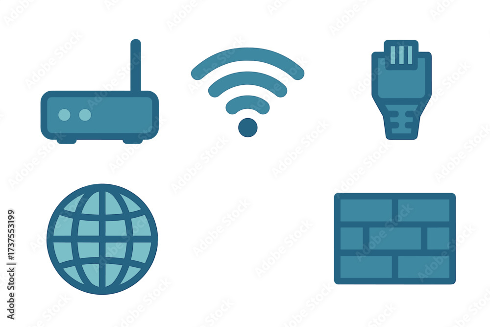 Essential network and internet connection icons including router Wi-Fi ...