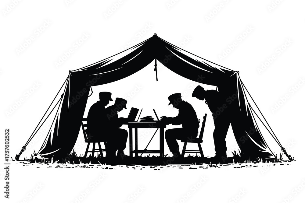 Army Tent Command Post Vector Illustration With Soldiers And Laptops ...